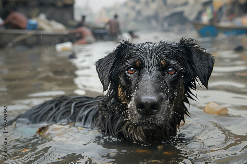 Chien triste dans l'eau polluée au milieu des déchets - Les animaux ...