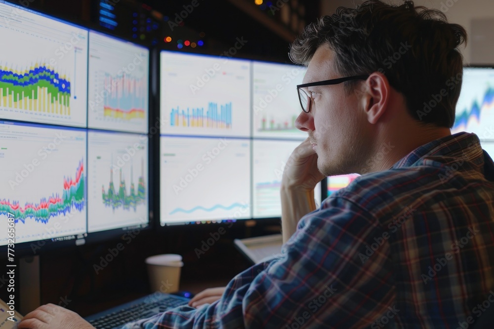 Data analyst intently studying complex graphs on multiple screens. Stock Photo | Adobe Stock