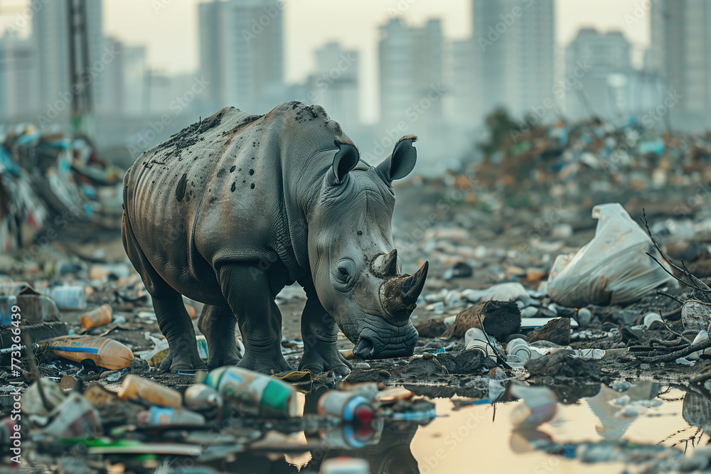 Rhinocéros au milieu d'une décharge de déchets devant une ville - Les ...