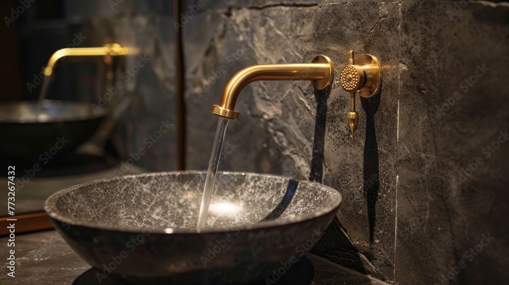 The calming scene of clear water flowing from a brass faucet into an ...
