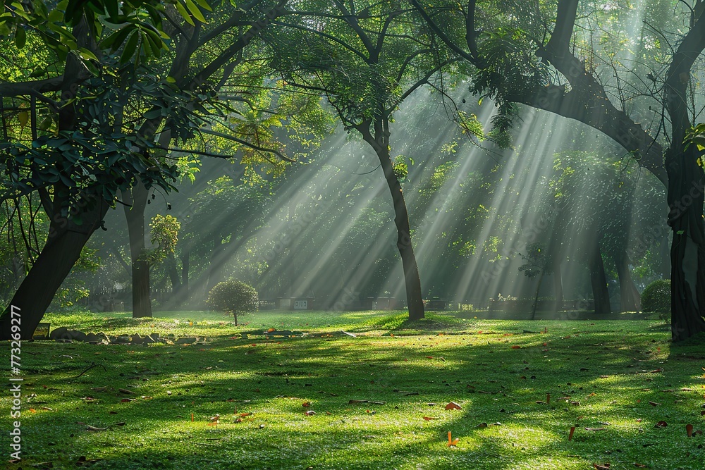 Sunbeams streaming through the foliage of trees, casting dappled ...