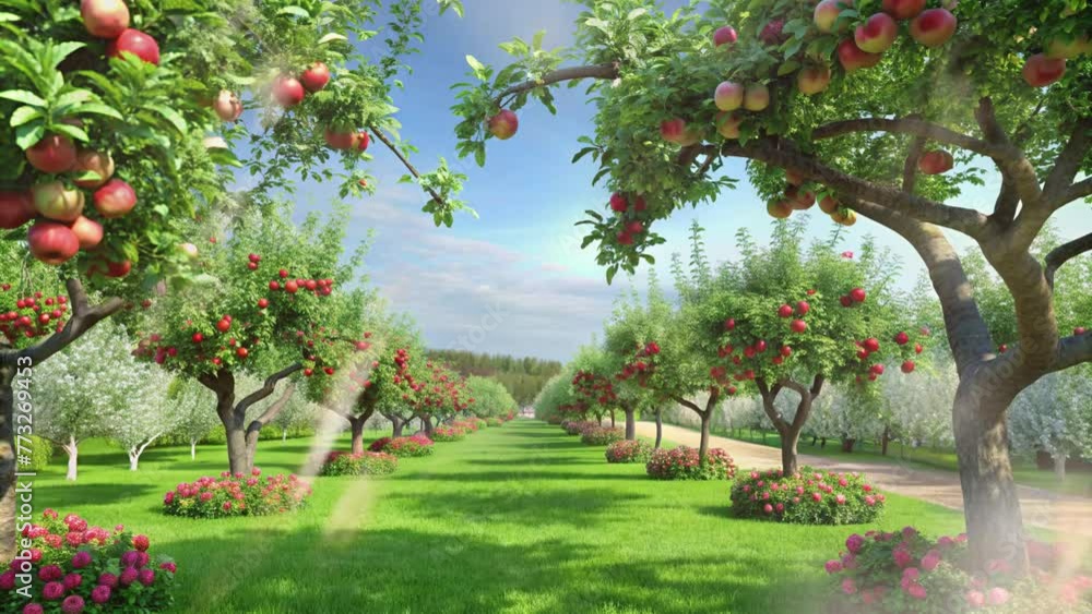 apple trees that are bearing heavy fruit with green grass and lush ...