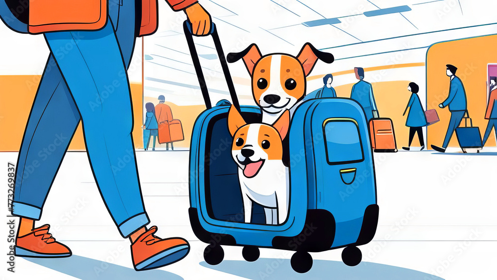 Traveling with pets Concept. cartoon Dog in pet carrier at the airport ...
