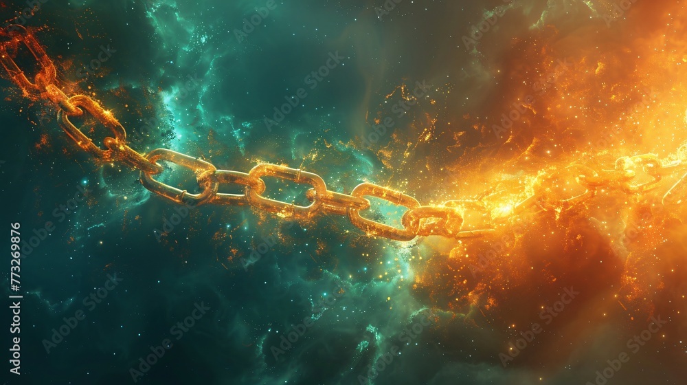Chains breaking apart with radiant energy at the break point ...