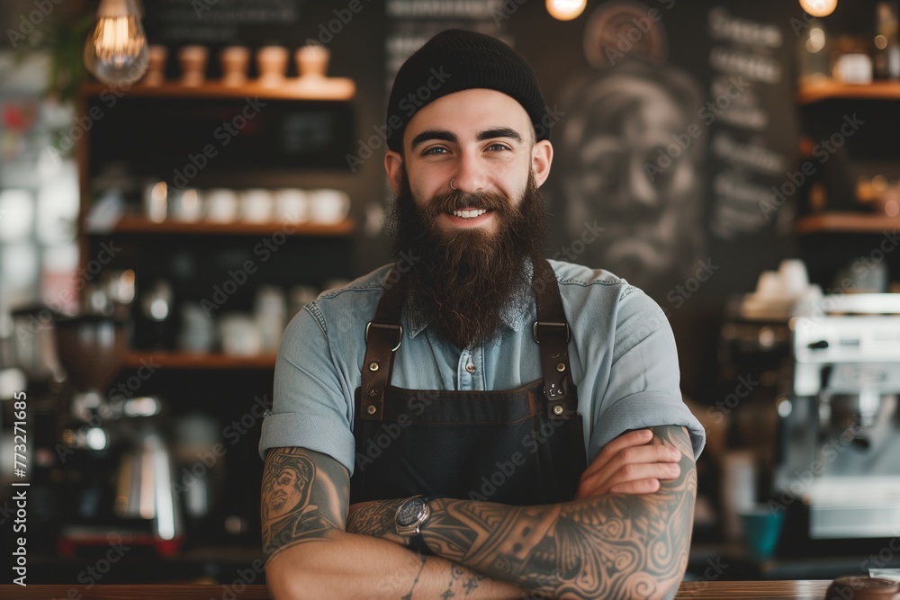 young bearded barista in a small coffee shop stands with his arms ...