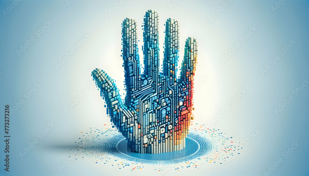 3d flat icon as Digital Handprint A handprint made of digital pixels representing digital ...