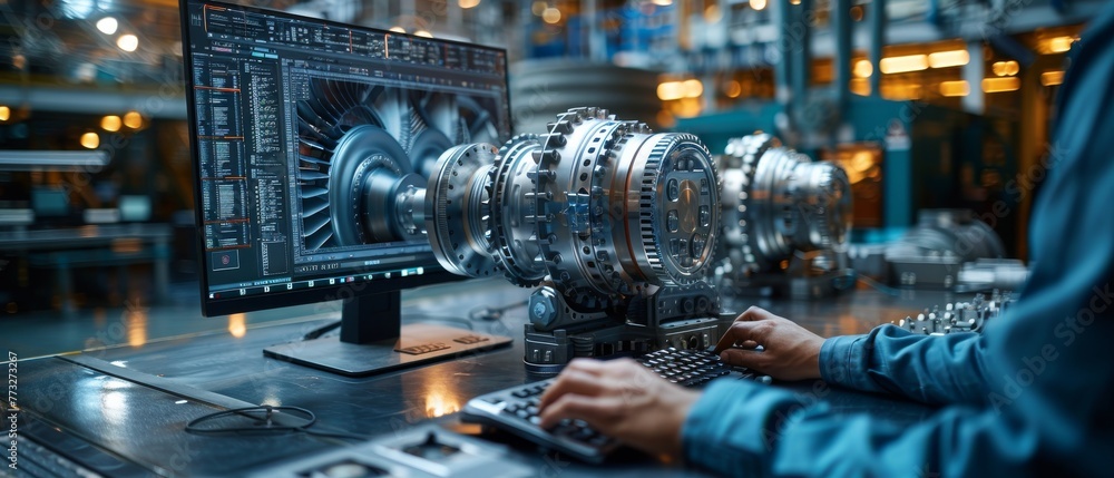 This is a close-up sequence of an industrial engineer using CAD software to design a turbine or ...