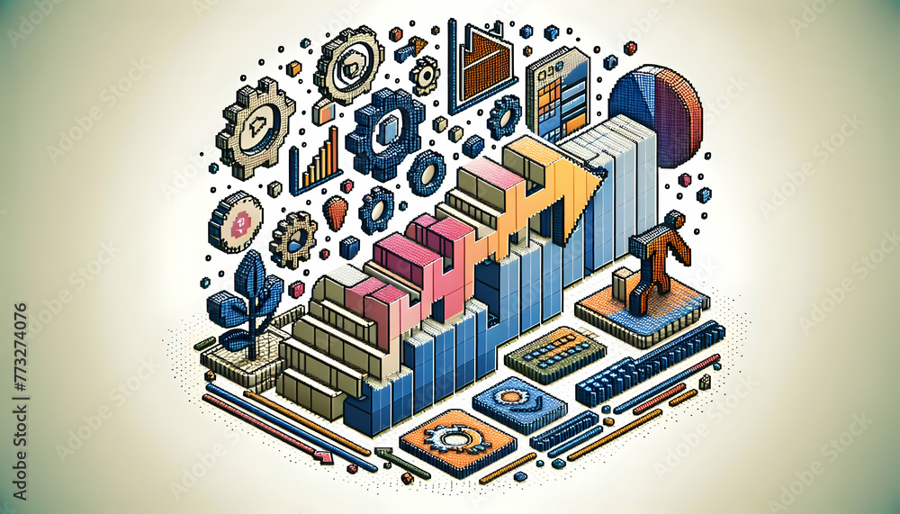 3d flat icon as Pixelated Progress Pixel style digital grid ...