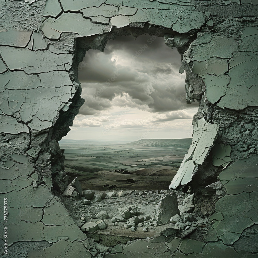 Walls crumbling down to reveal a vast open horizon representing the ...