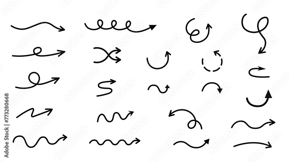 Curved hand drawn black arrows set. Vector collection of pointers in ... Curved hand drawn black arrows set. Vector collection of pointers in ...