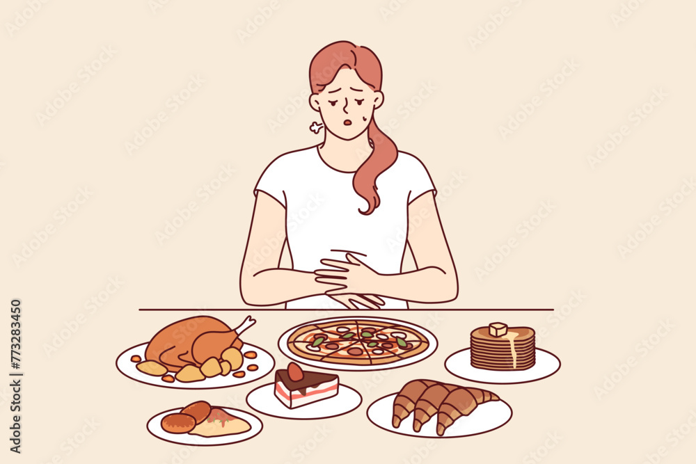 Stockvector Problem of overeating in woman sitting at table with fast ...