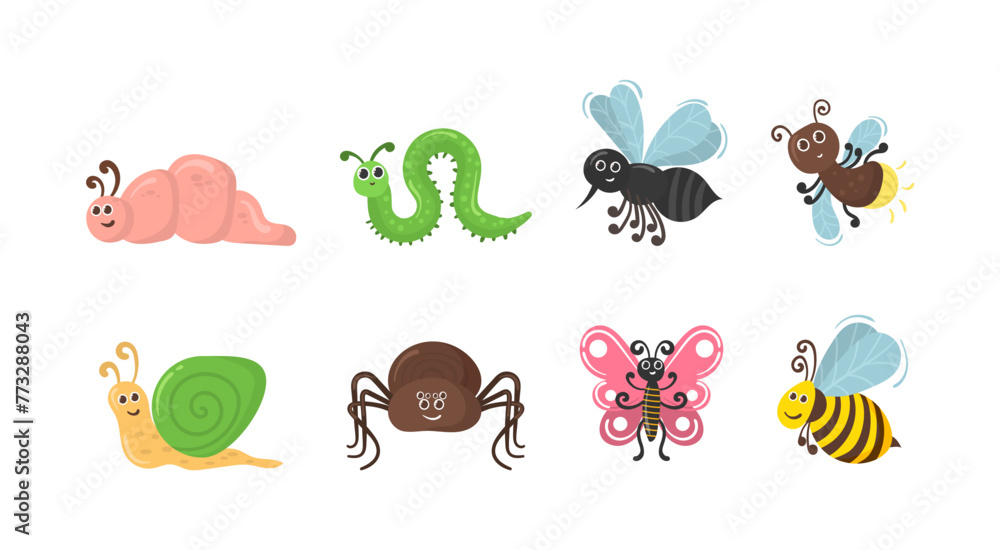 Cute cartoon bug worm funny doodle character in flat design. Set of ...