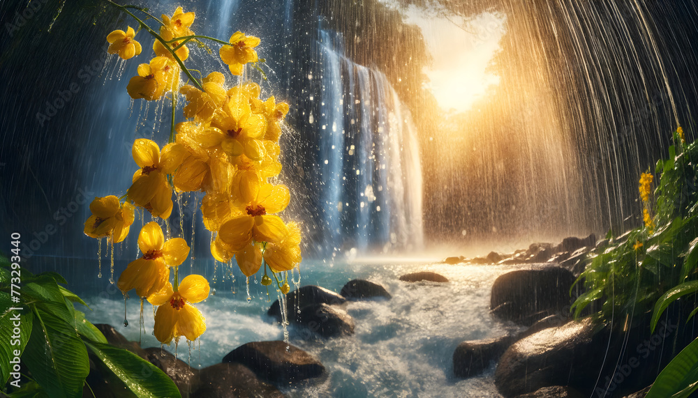 Cassia fistula (golden shower tree) during a rain shower near a ...