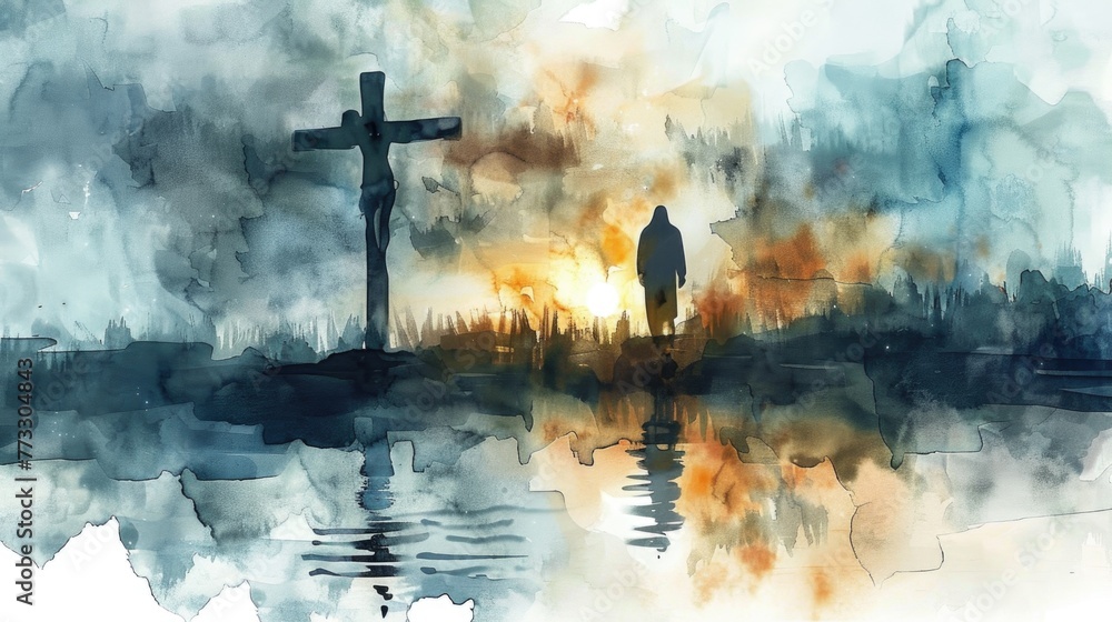 Watercolor illustration of Jesus s moment of reflection with the cross ...