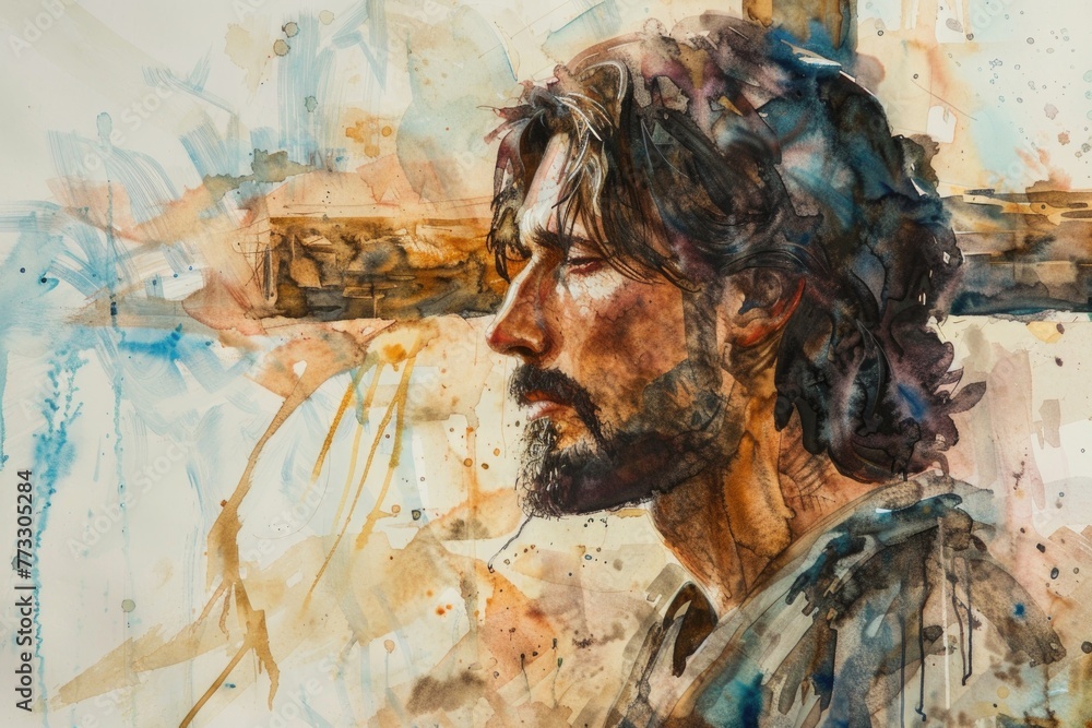 Softly painted watercolor scene of Jesus with the cross, a testament to ...