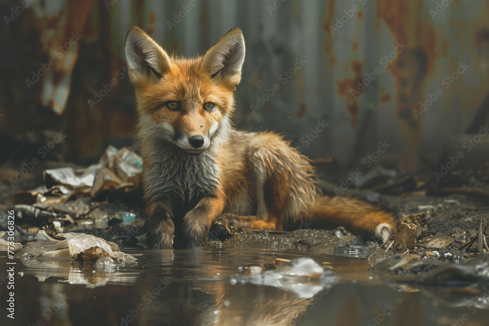 Petit renard triste au milieu de la pollution et des déchets ...