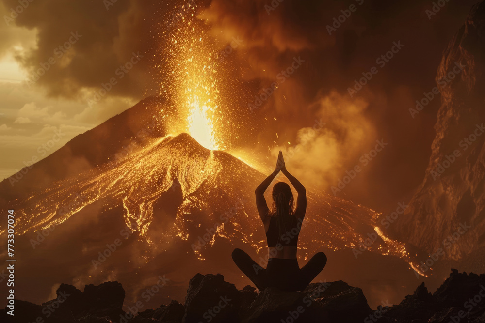 Powerful shot of a woman in a yoga pose, with active volcano background ...