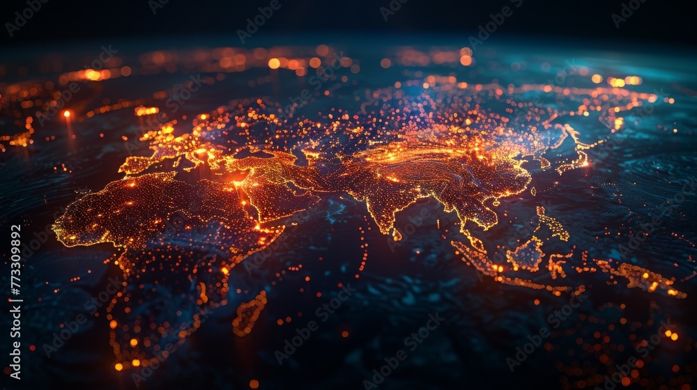 A close-up view of a world map network visualization, with points of ...