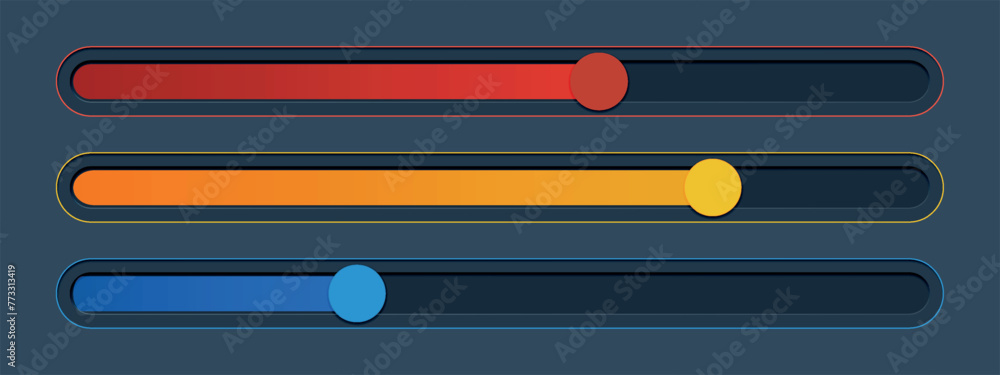 3 vertical sliders in red, yellow and blue color on black background ...