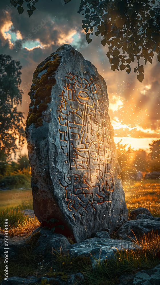 big stone with a cave in the middle, covered with runic scriptures ...