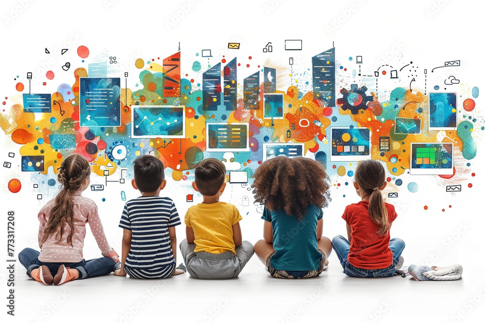 Concept art depicting children engaging in digital literacy and online ...