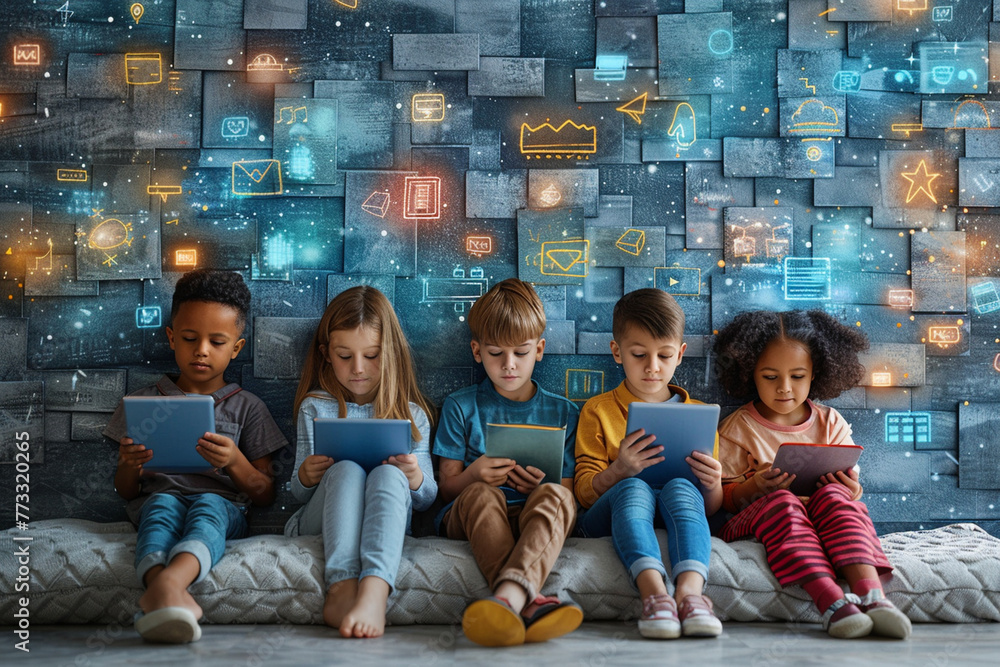 Concept art depicting children engaging in digital literacy and online ...