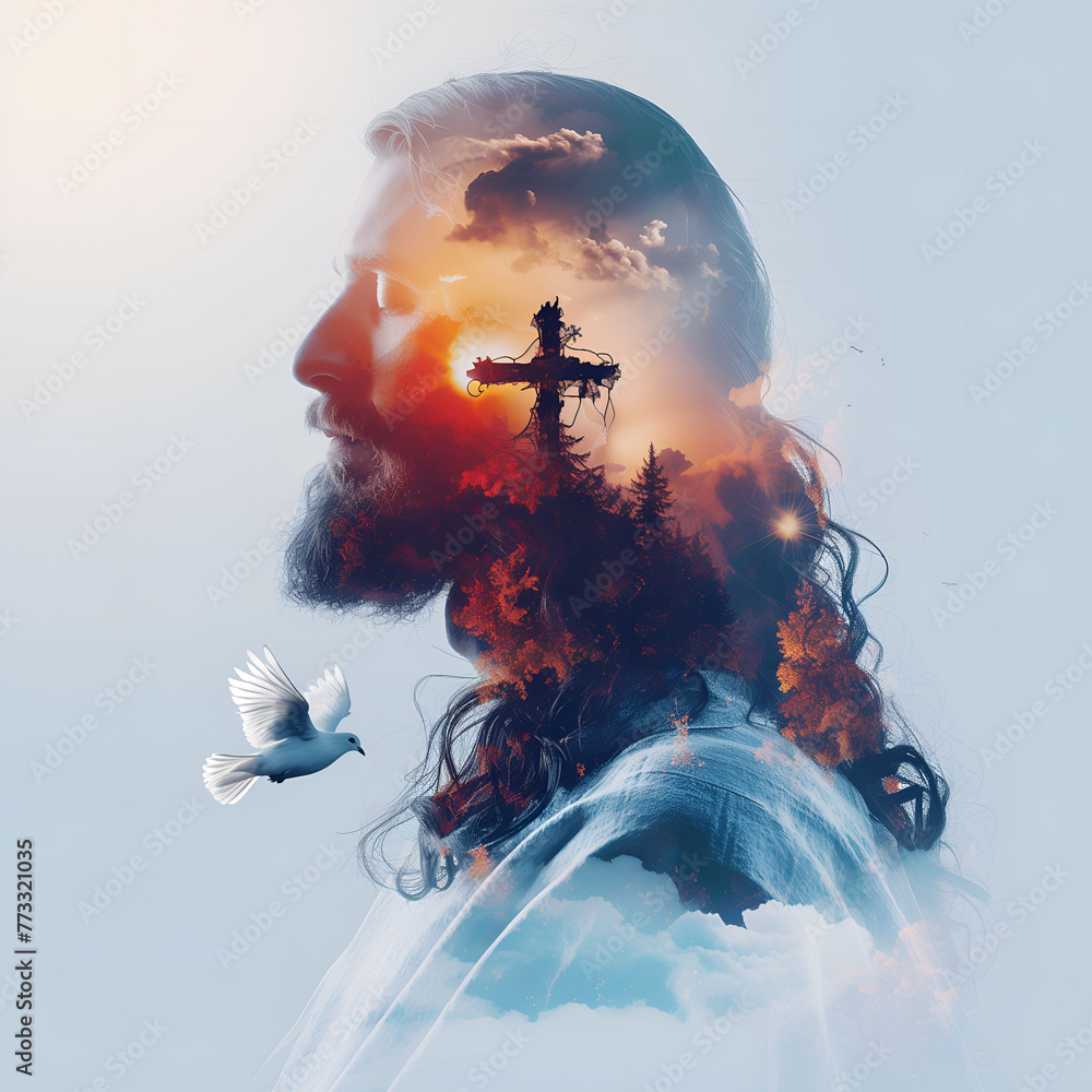 Double exposure image of Jesus Christ, Christian cross and dove ...