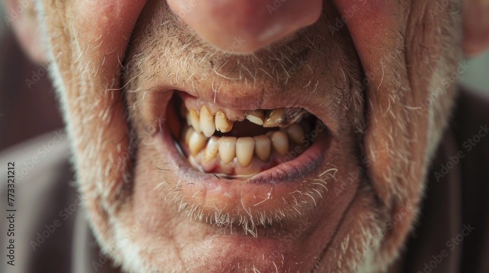 Periodontal disease and missing teeth in an elderly man. Close up shot ...