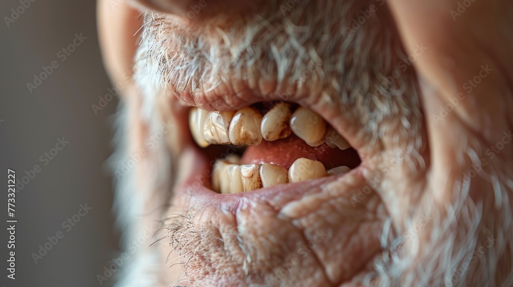 Periodontal disease and missing teeth in an elderly man. Close up shot ...