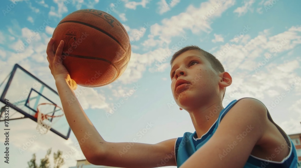 The teenager plays basketball. Healthy lifestyle and hobby concept ...