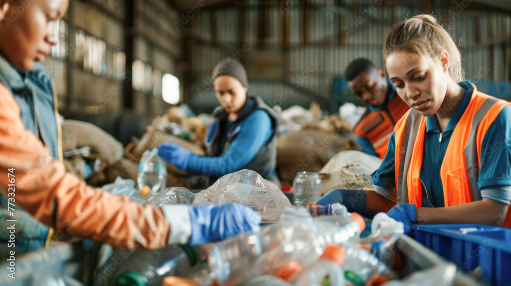 Interracial sorters in protective gloves and safety vests taking ...