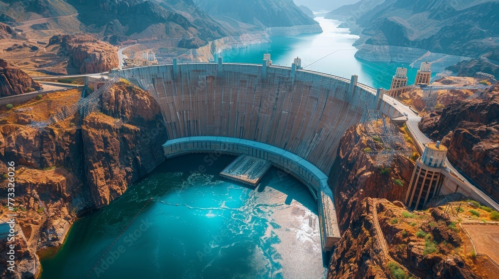 A large dam is seen in the distance with a body of water in front of it ...