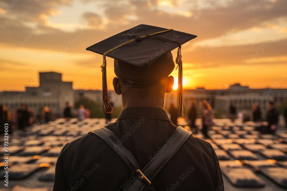 Graduate holding cap, looking ahead at bright future prospects and ...