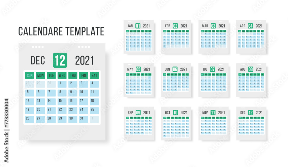 12 months yearly calendar set in 2021 on white background for ...