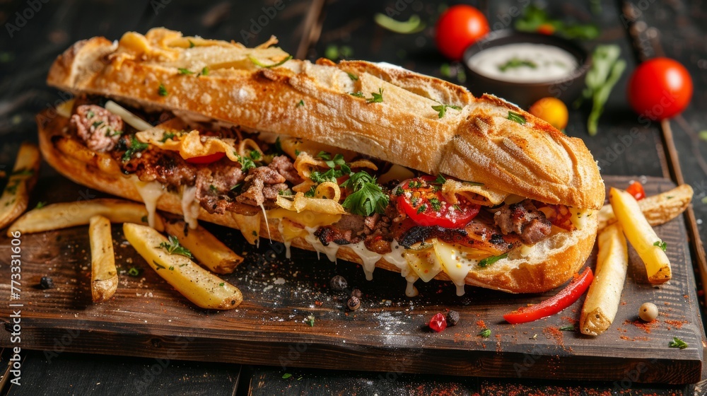 Belgian meatball sandwich with crispy baguette, French fries, selected ...