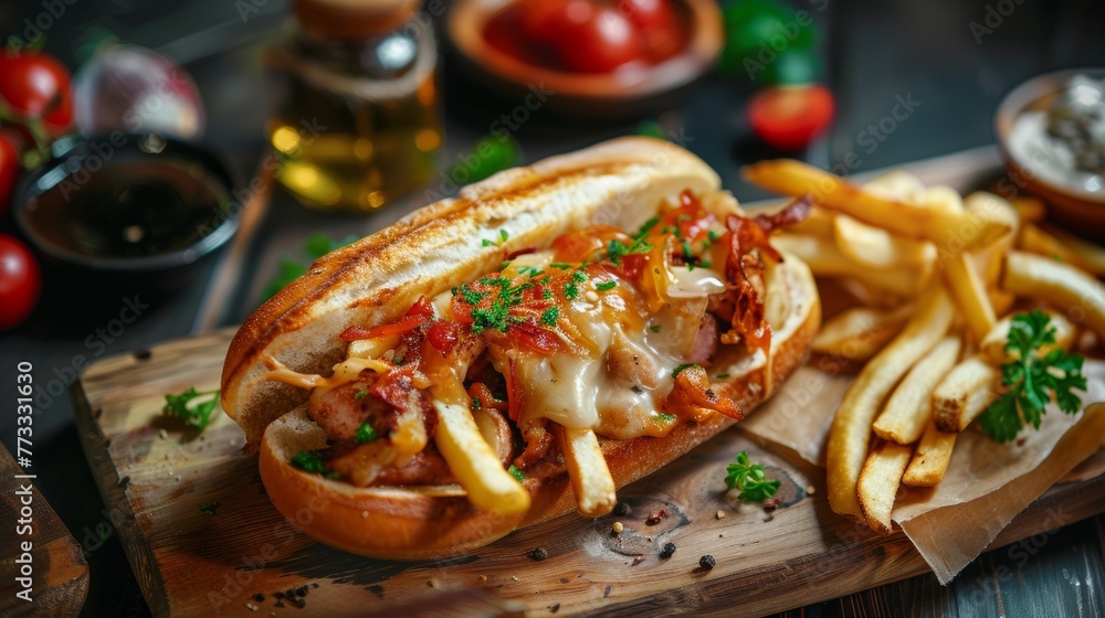 Belgian meatball sandwich with crispy baguette, French fries, selected ...