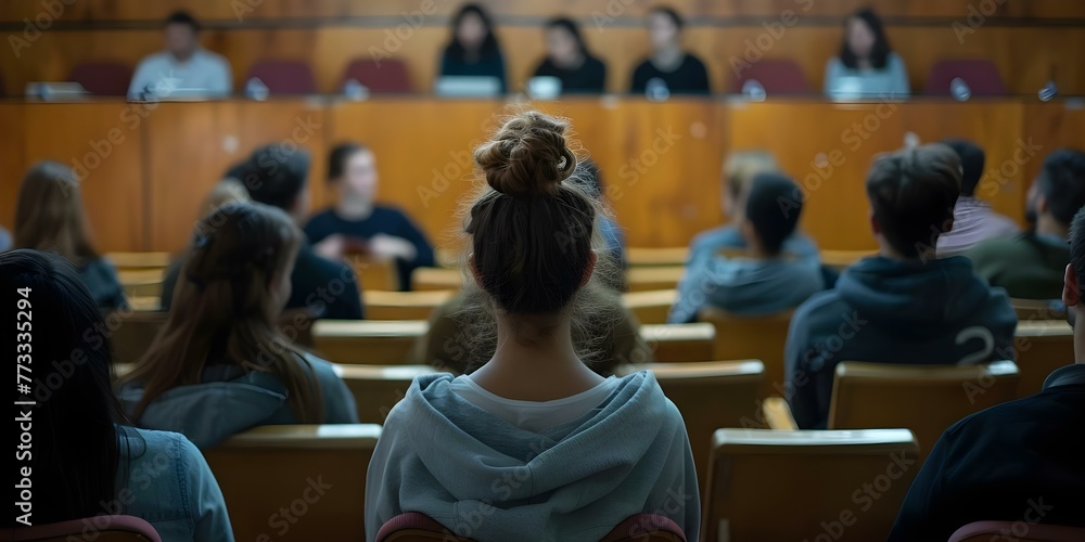Students in a university lecture hall listening attentively during a ...