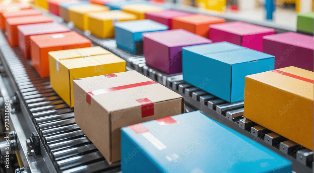 Colourful cardboard box package rolling on automated conveyor belt in a ...