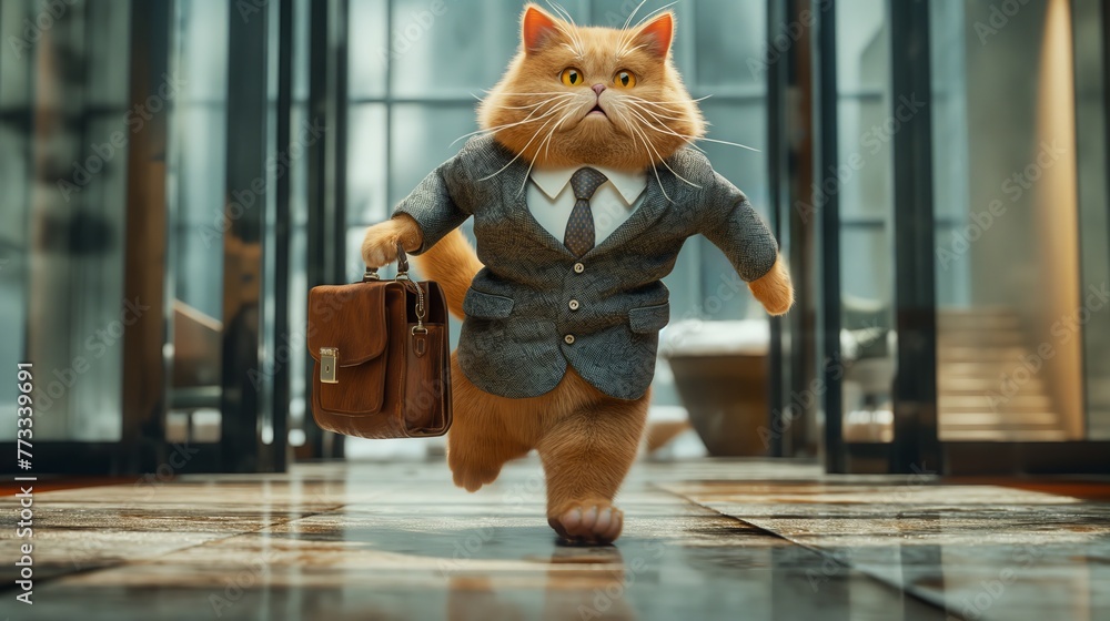 A plump cute red cat in a business suit with a tie and a business ...
