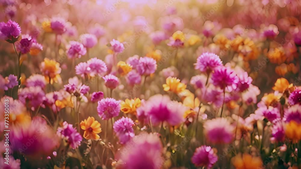 Spring flowers field meadow in sunset lights. Field of wild flowers ...