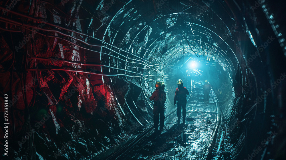 Deep Underground in Mining Shafts: Illustrate miners equipped with ...
