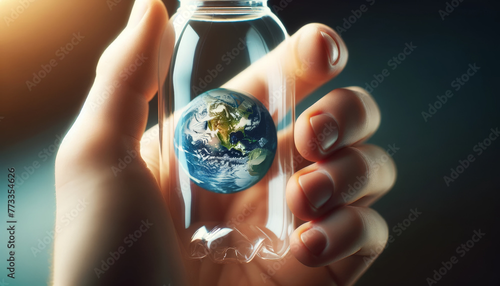 Closeup of a tiny Earth inside a clear plastic bottle, symbolizing ...