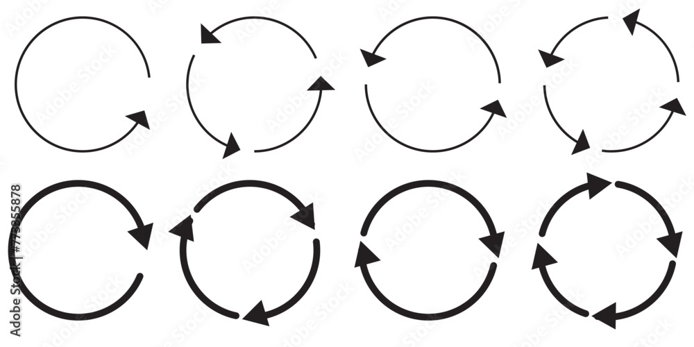 Circle arrows. Round reload or repeat icon, rotate arrow and spinning loading symbol. Circle ...