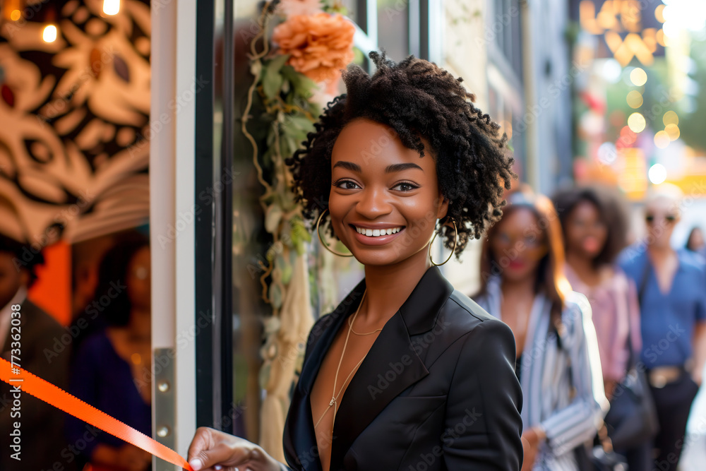 Entrepreneurial Woman at Grand Opening Ceremony. A bright-eyed ...