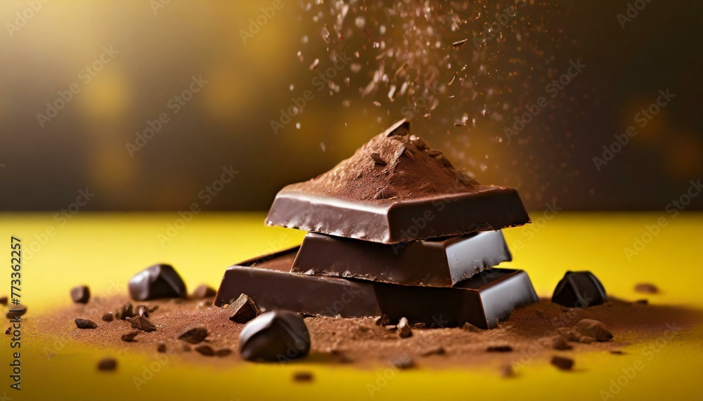 Dark chocolate bars on yellow background with falling cocoa powder ...