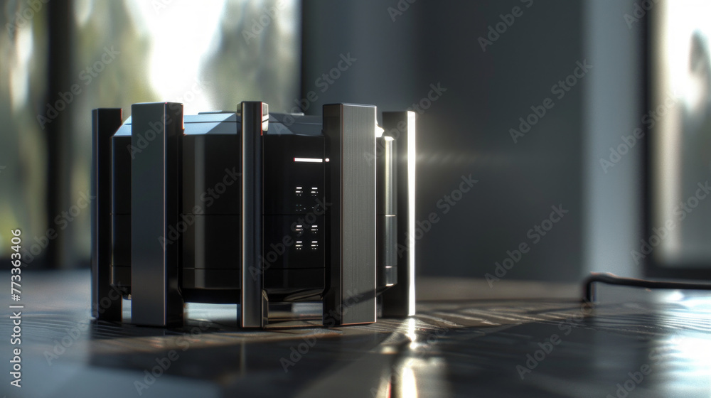 A modern and minimalist black and silver Wi-Fi router with high-speed ...