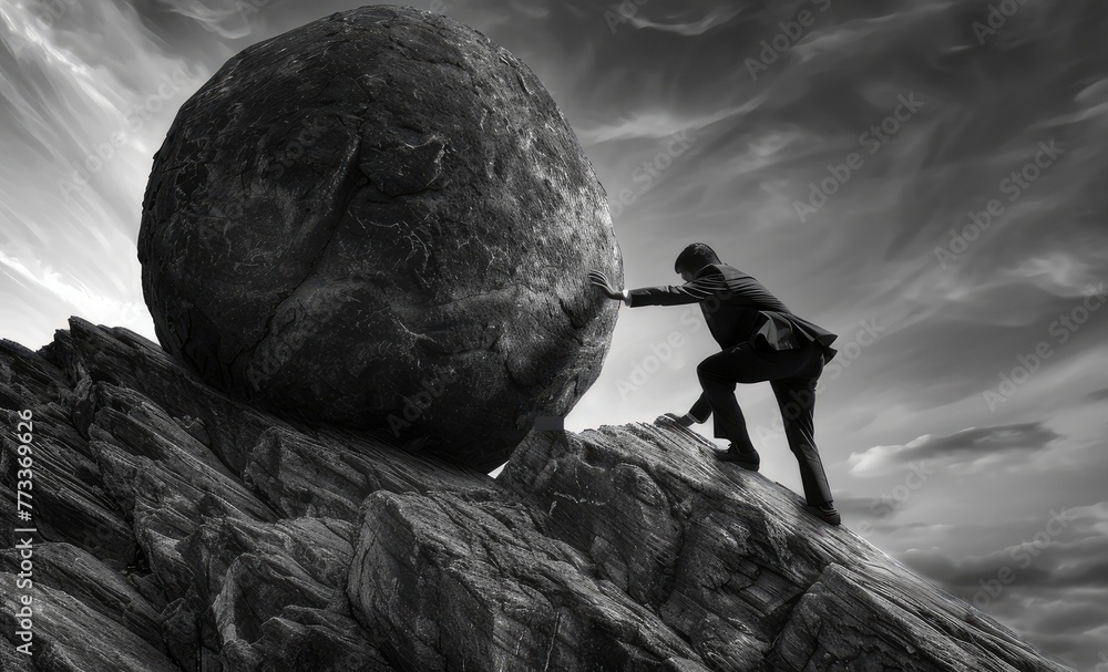 Witness the determination of a businessman pushing a colossal stone ...
