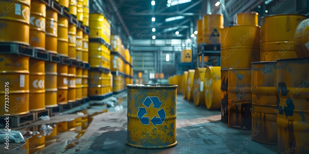 Secure industrial facility storing radioactive waste barrels. Concept ...