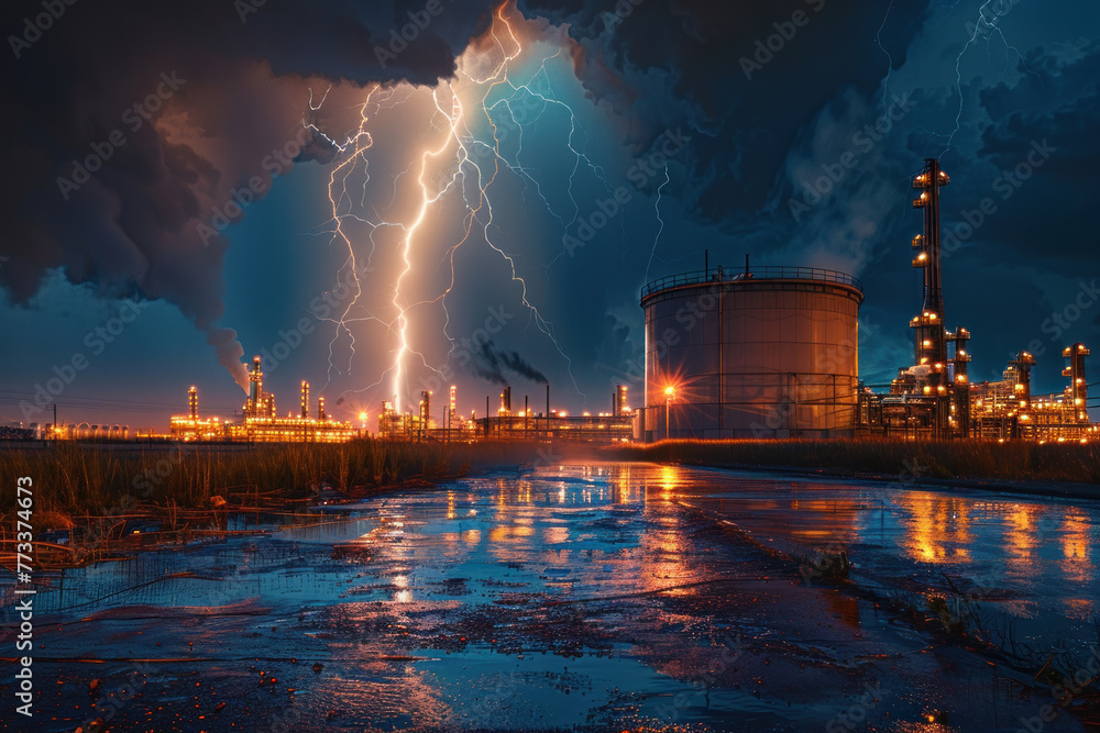 Lightning strikes an oil refinery. Night thunderstorm, lightning ...