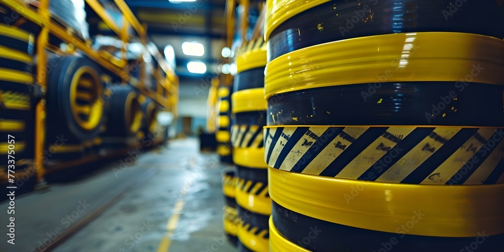 Stacked yellow and black hazard warning tape in dimly lit warehouse ...